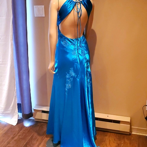 Laura | Dresses | Aqua Blue Satin Beaded Backless Dress Jewel ...